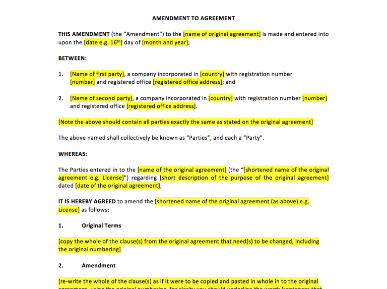 Amendment to Agreement Template | UK Template Agreements and Sample ...